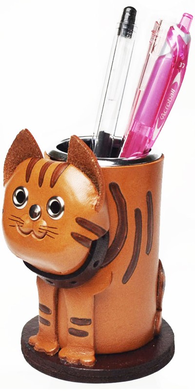 Cat Tabby Leather Pen stand